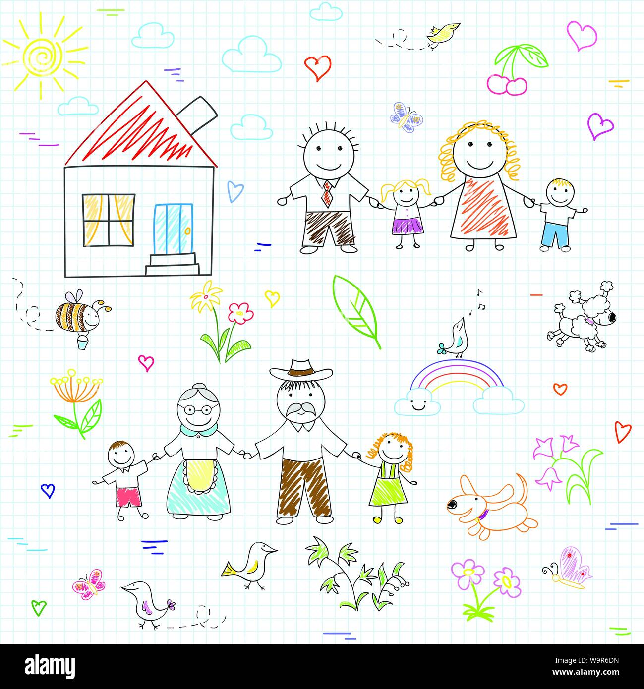 Vector seamless background with happy family. Sketch on notebook page ...