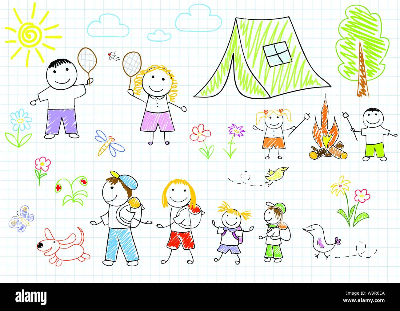 Happy family in camping. Sketch on notebook page Stock Vector Image ...