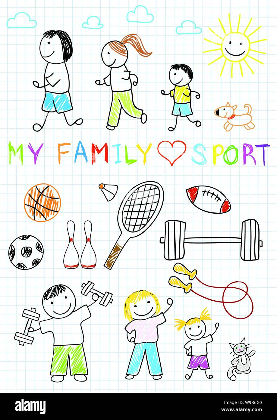 Happy family - mother, father and children, doing exercises. Vector ...