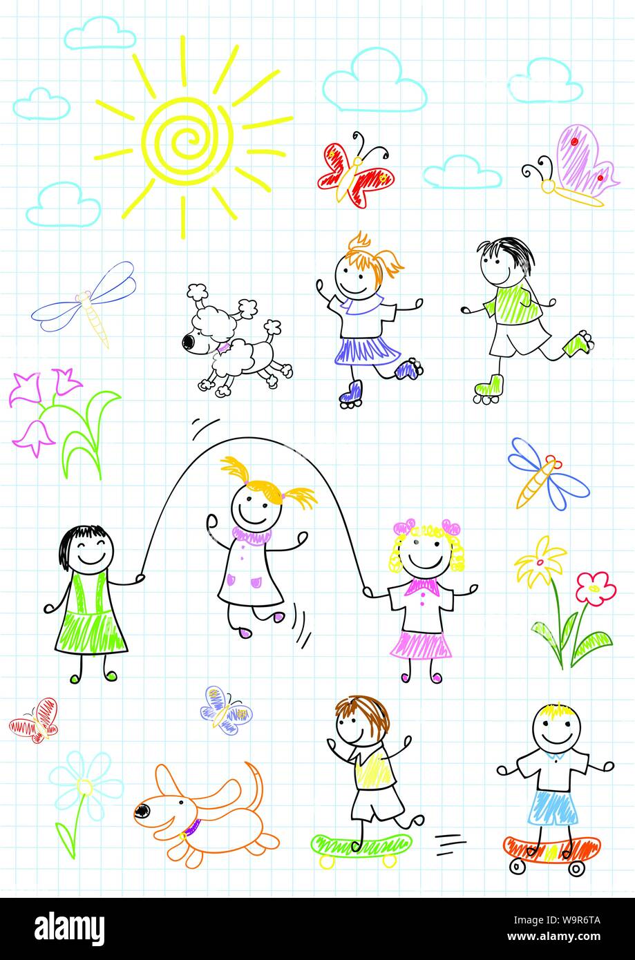 Happy friends, playing outdoors. Sketch on notebook page Stock Vector ...