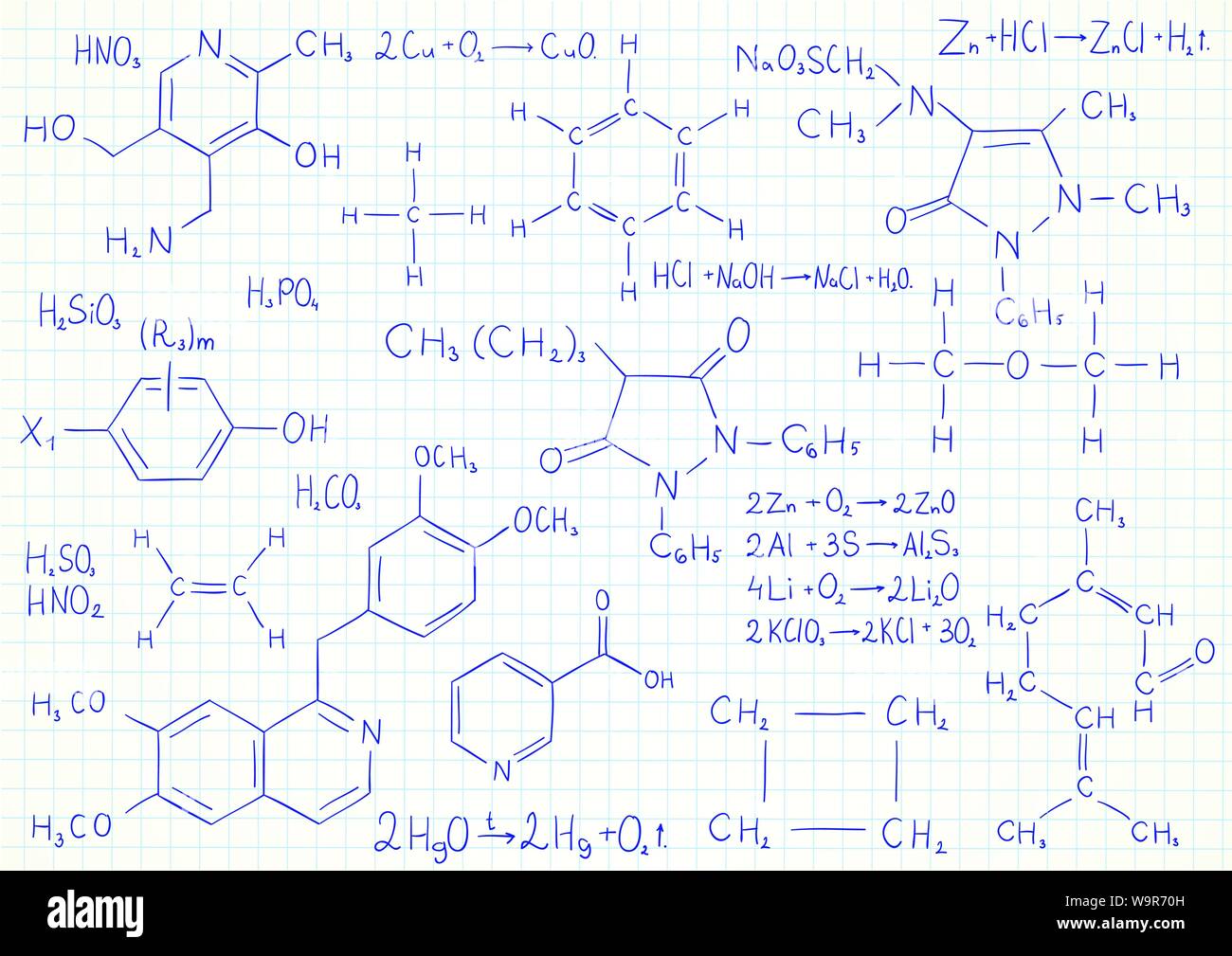 Vector background with chemistry formulas and equations on notebook ...