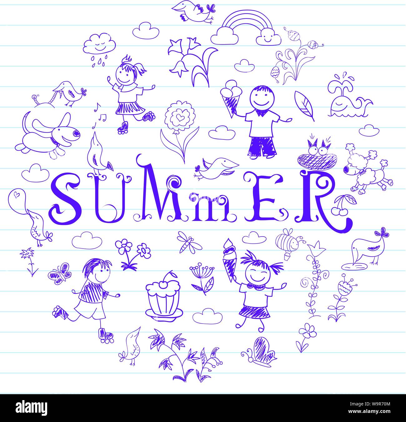 Summertime. Happy friends, playing outdoors. Collection of elements in ...