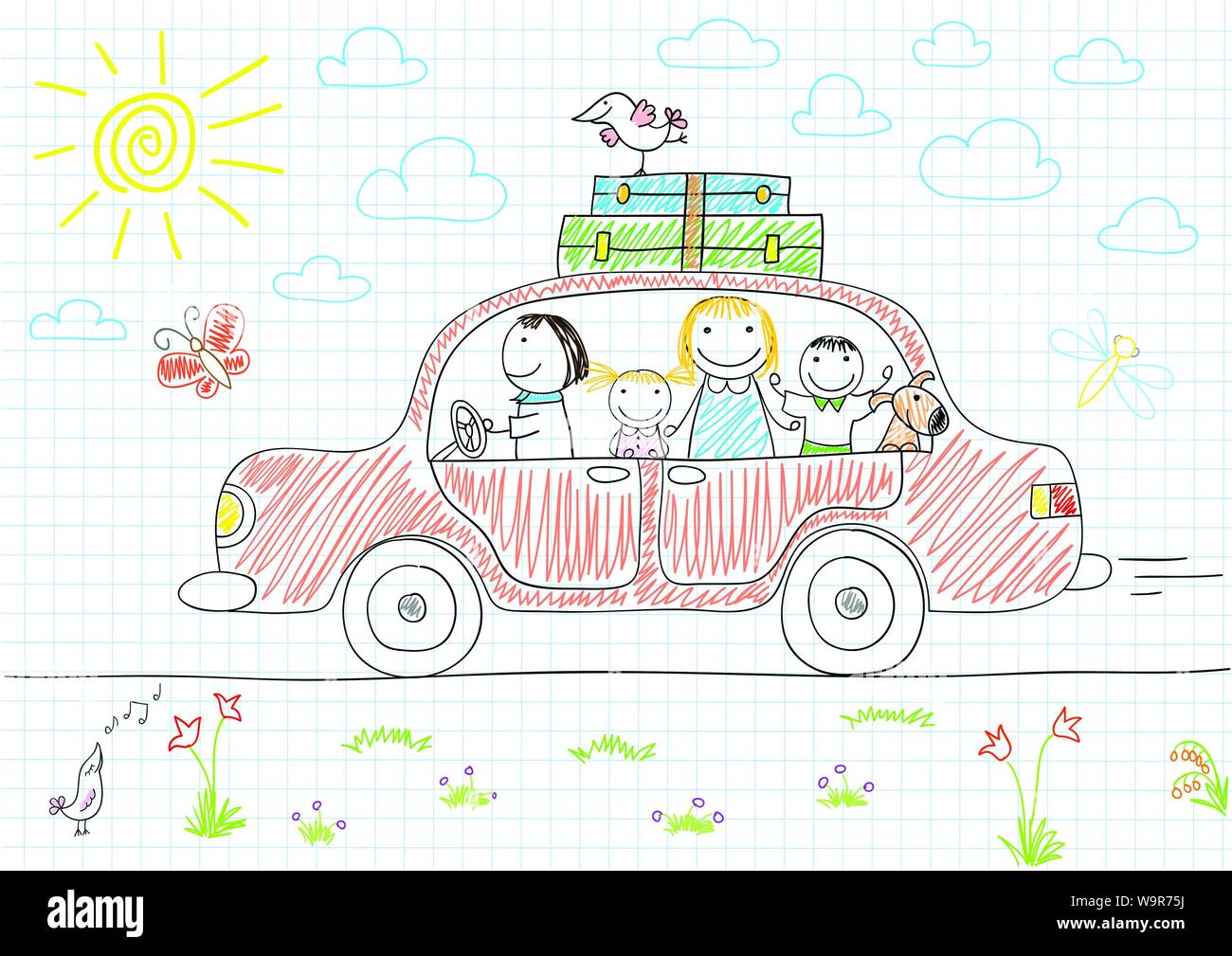 Happy family - mom, dad and two children in car. Sketch on notebook ...