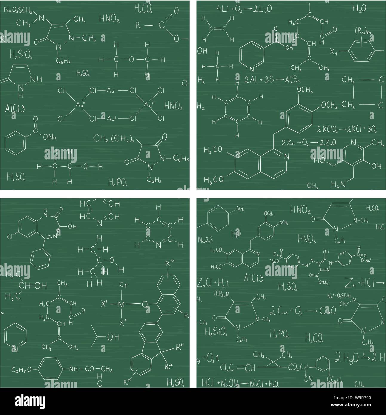 Collection of seamless vector backgrounds with chemistry formulas and ...