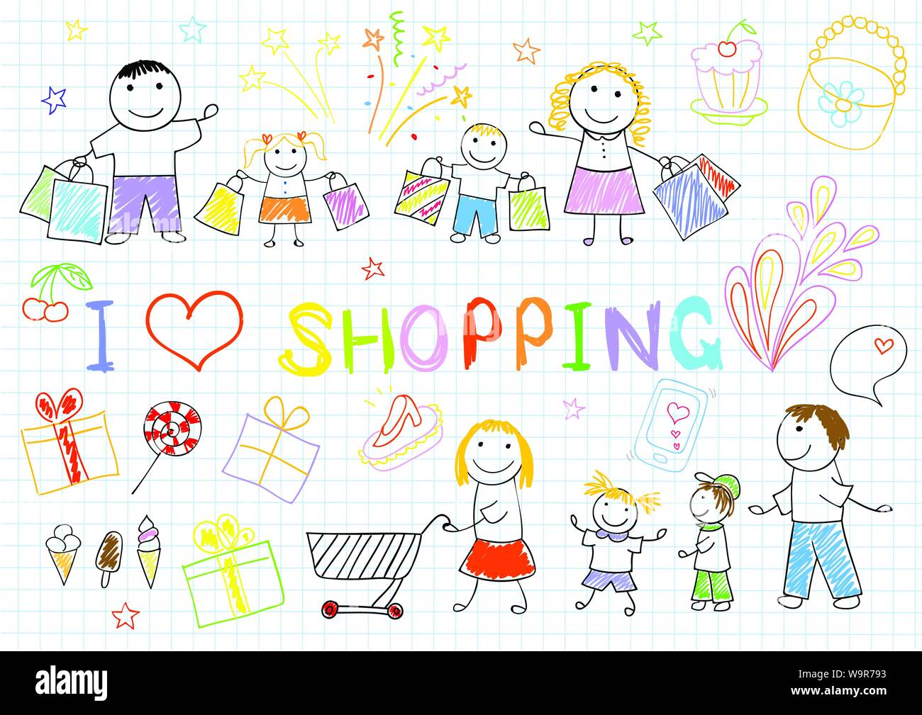 A happy family on shopping. Sketch on notebook page Stock Vector Image ...