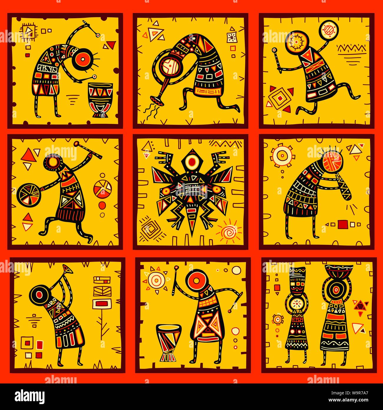 Collection of 9 patterns with African ethnic patterns of yellow, orange ...