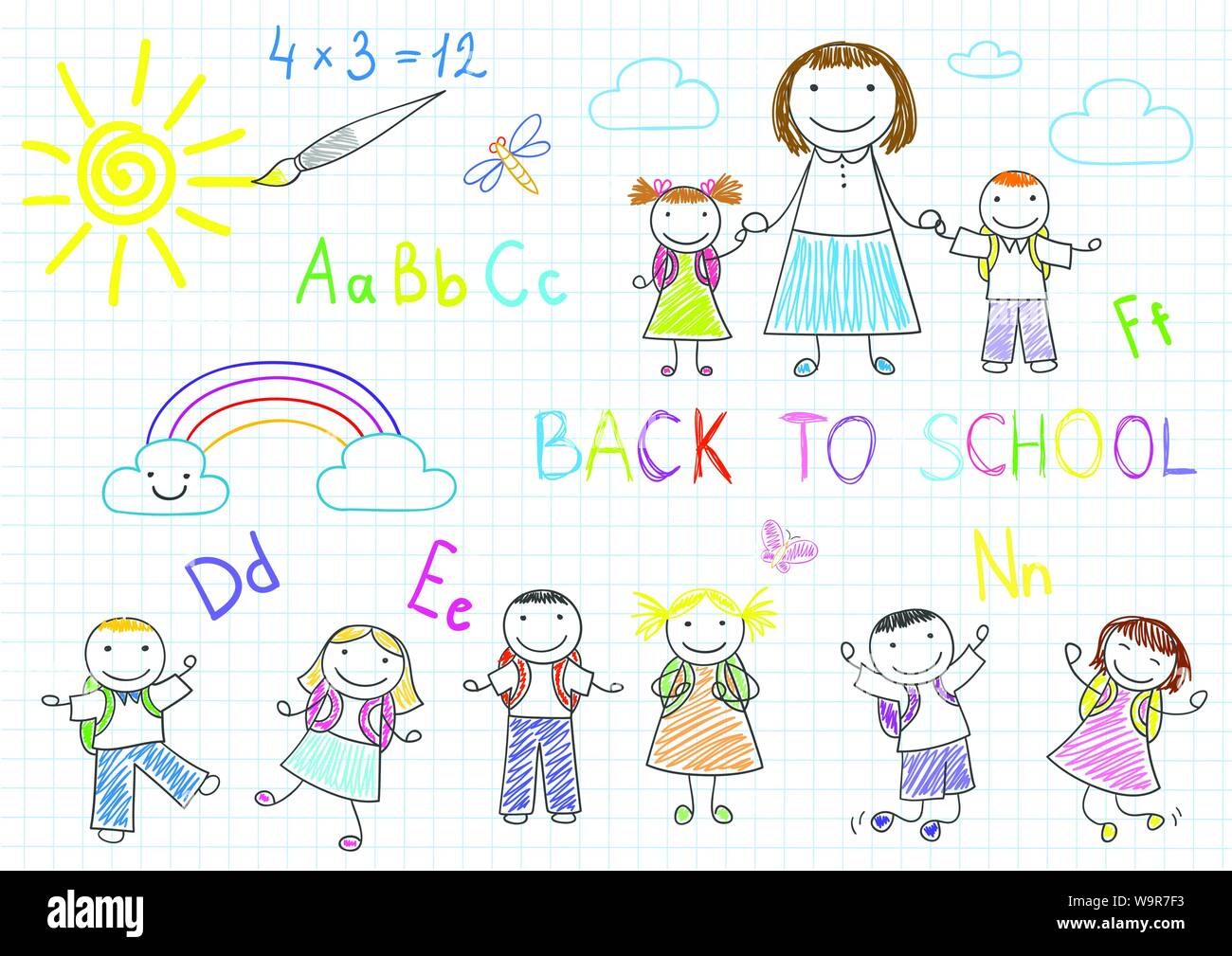 Back to school. Vector sketches with happy pupils and teacher. Sketch ...