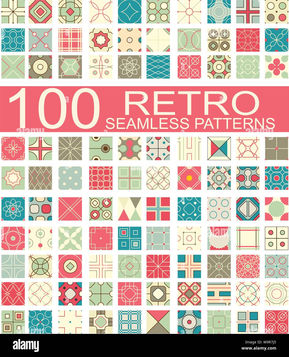 Set of 100 retro different vector geometric seamless patterns (tiling) of blue, red, ivory, pink ...