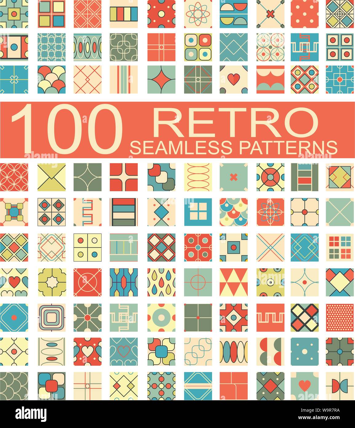 Set of 100 retro different vector geometric seamless patterns (tiling) of blue, orange, red ...