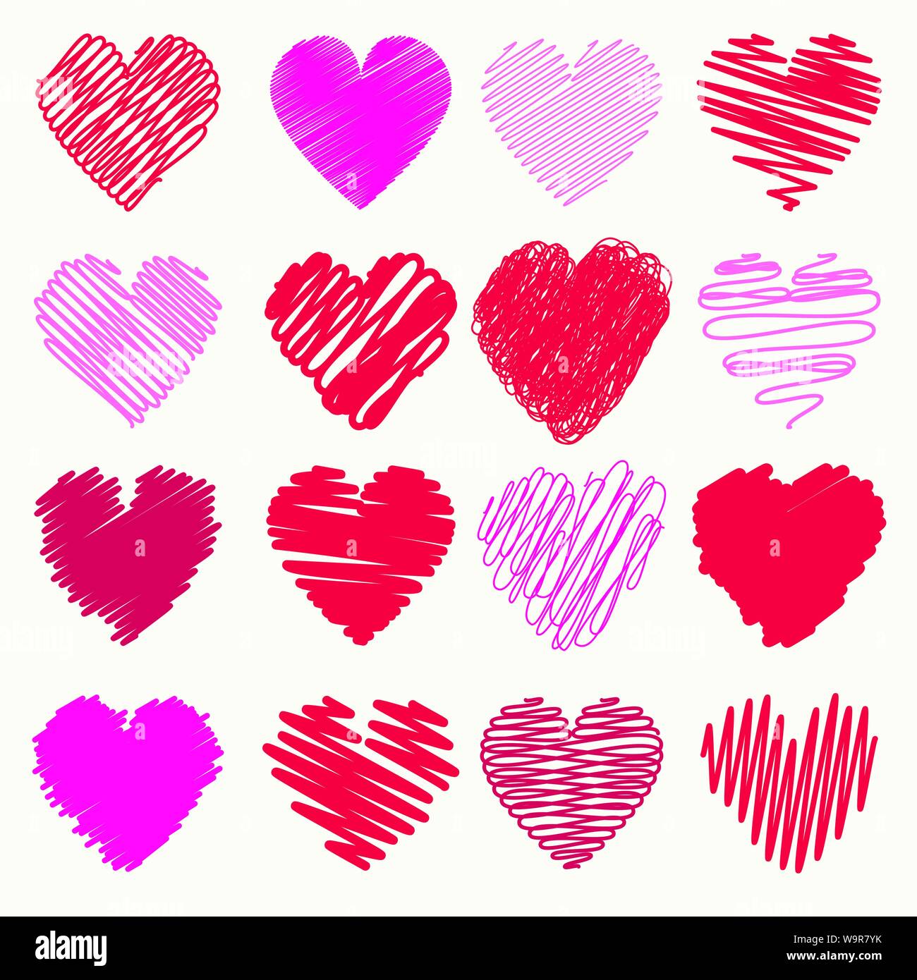 Vector collection of scribbled valentine hearts with hand drawn style ...