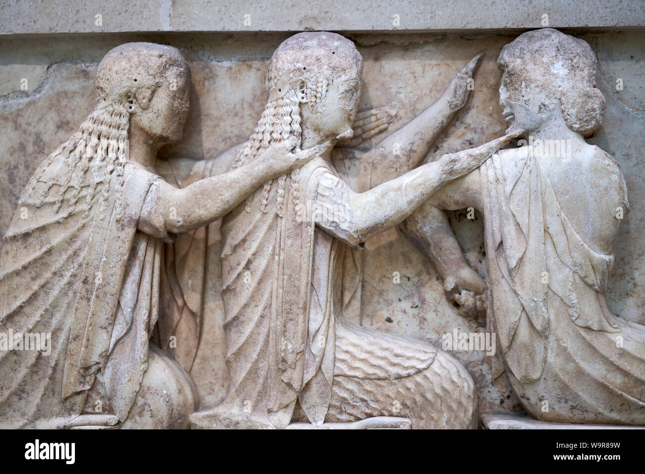 Ancient Greek friezes on display in the museum in Delphi Greece Stock ...