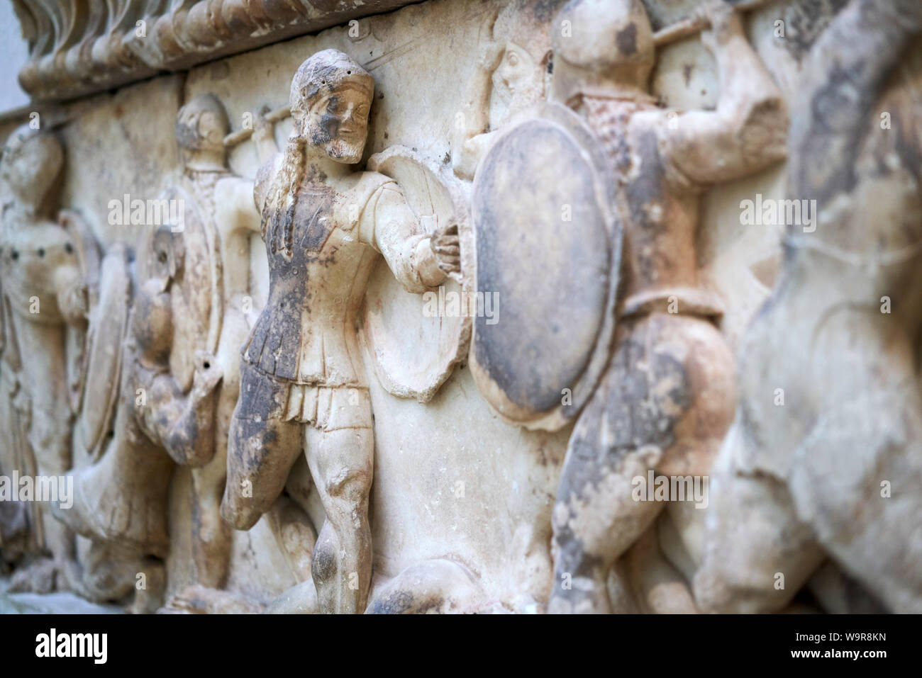 Ancient Greek friezes on display in the museum in Delphi Greece Stock ...