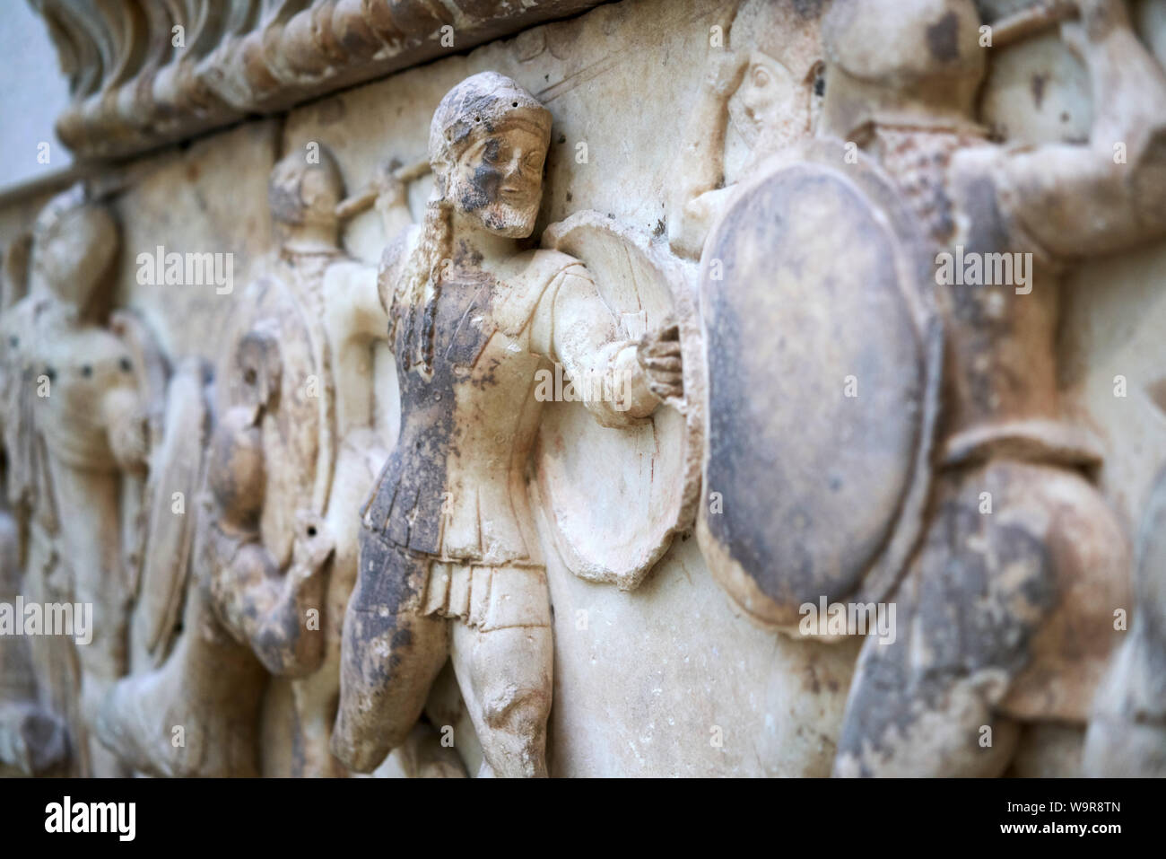 Ancient Greek friezes on display in the museum in Delphi Greece Stock ...