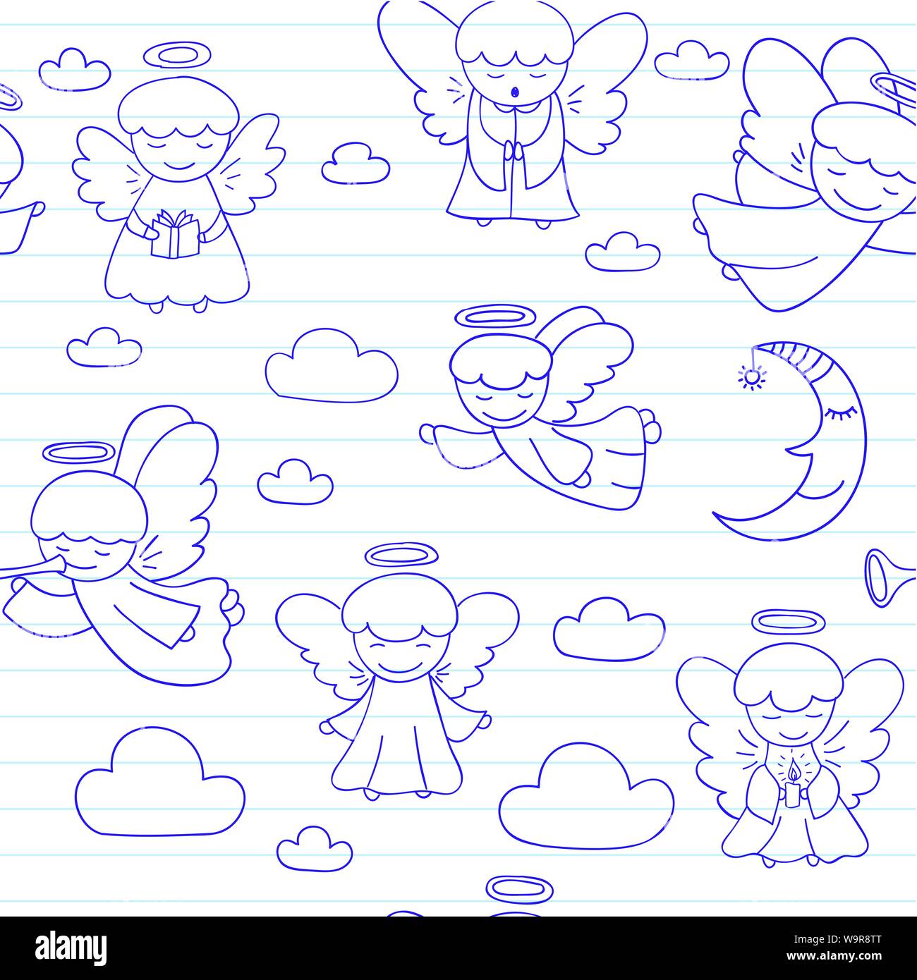 Seamless background with little angels. Sketch on notebook page in ...