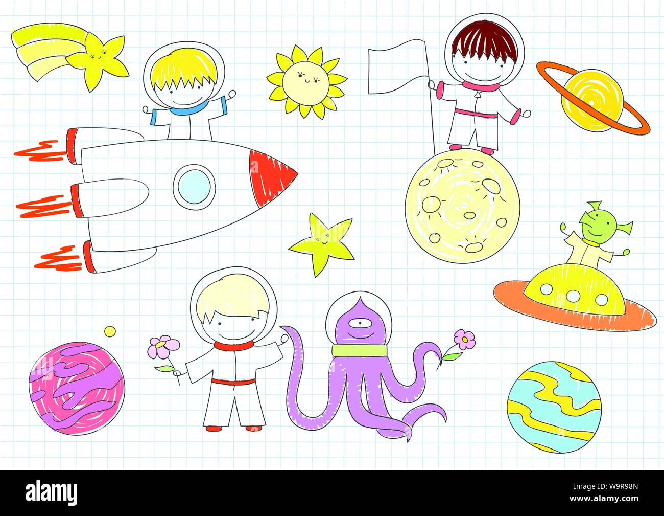 Vector sketches with happy boys and aliens. Sketch on notebook page in ...