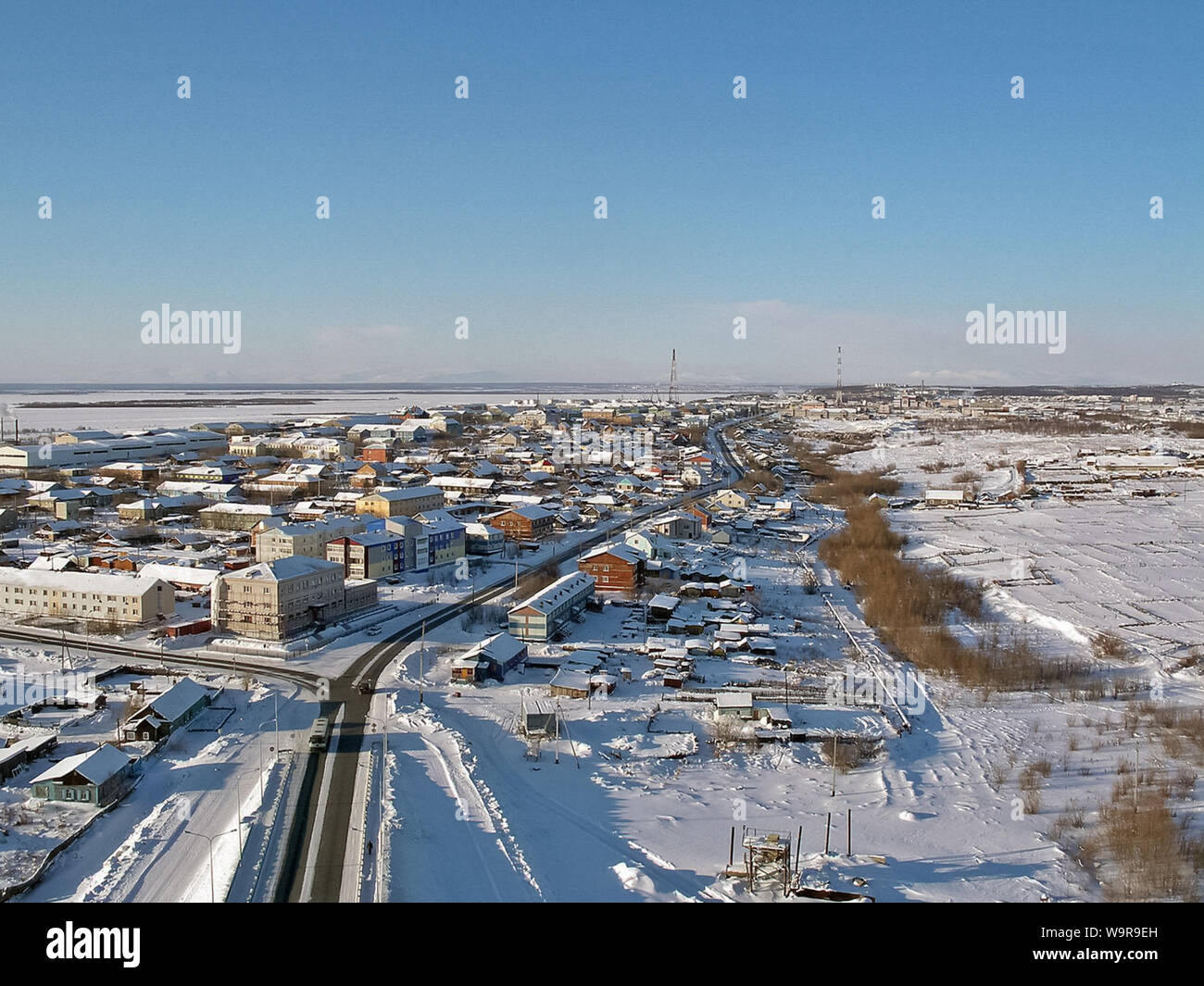 The northern northern city of Salekhard. Single-storey houses and multi ...