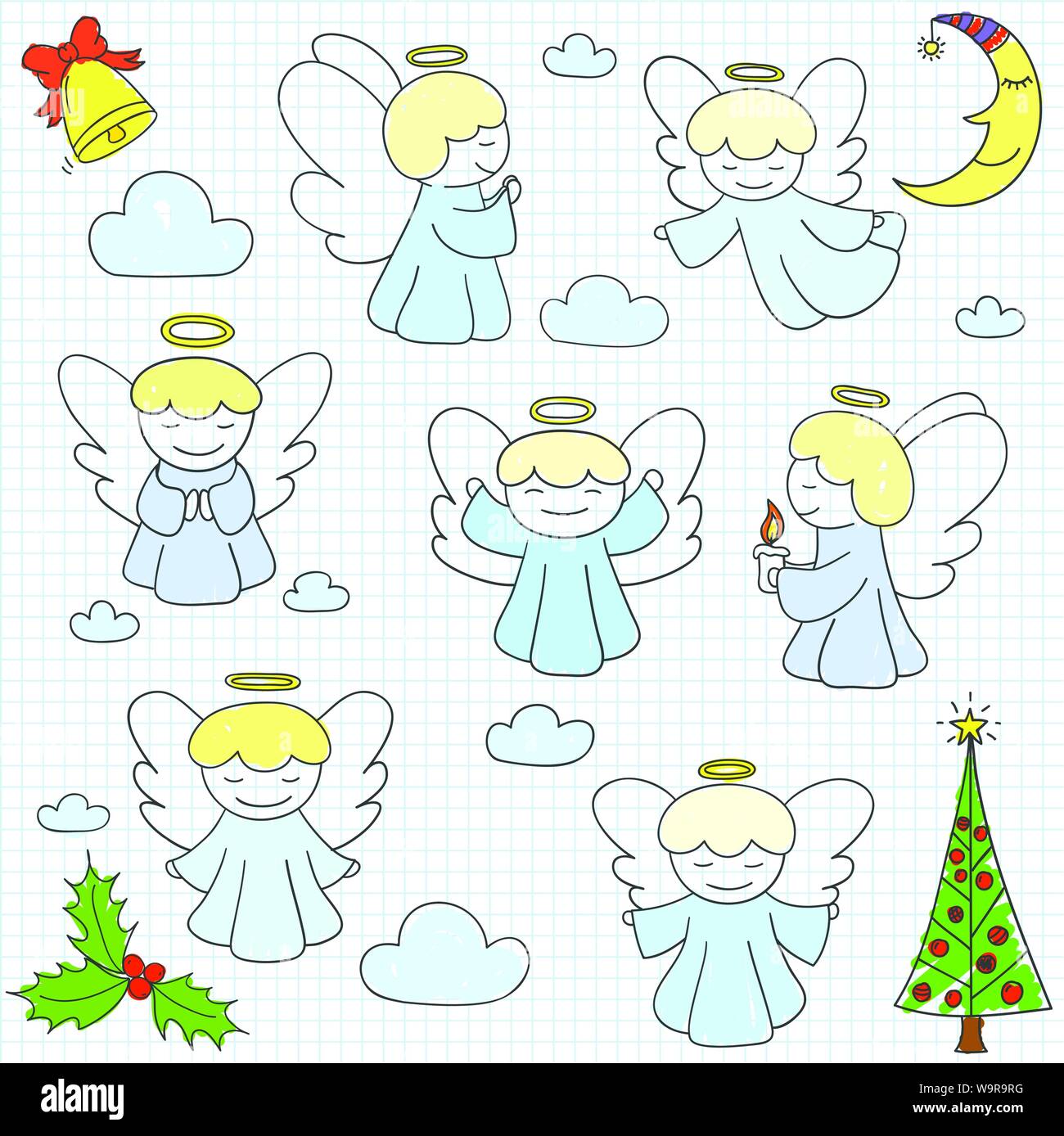 Set of vector Christmas angels and ornaments in doodle style (included ...