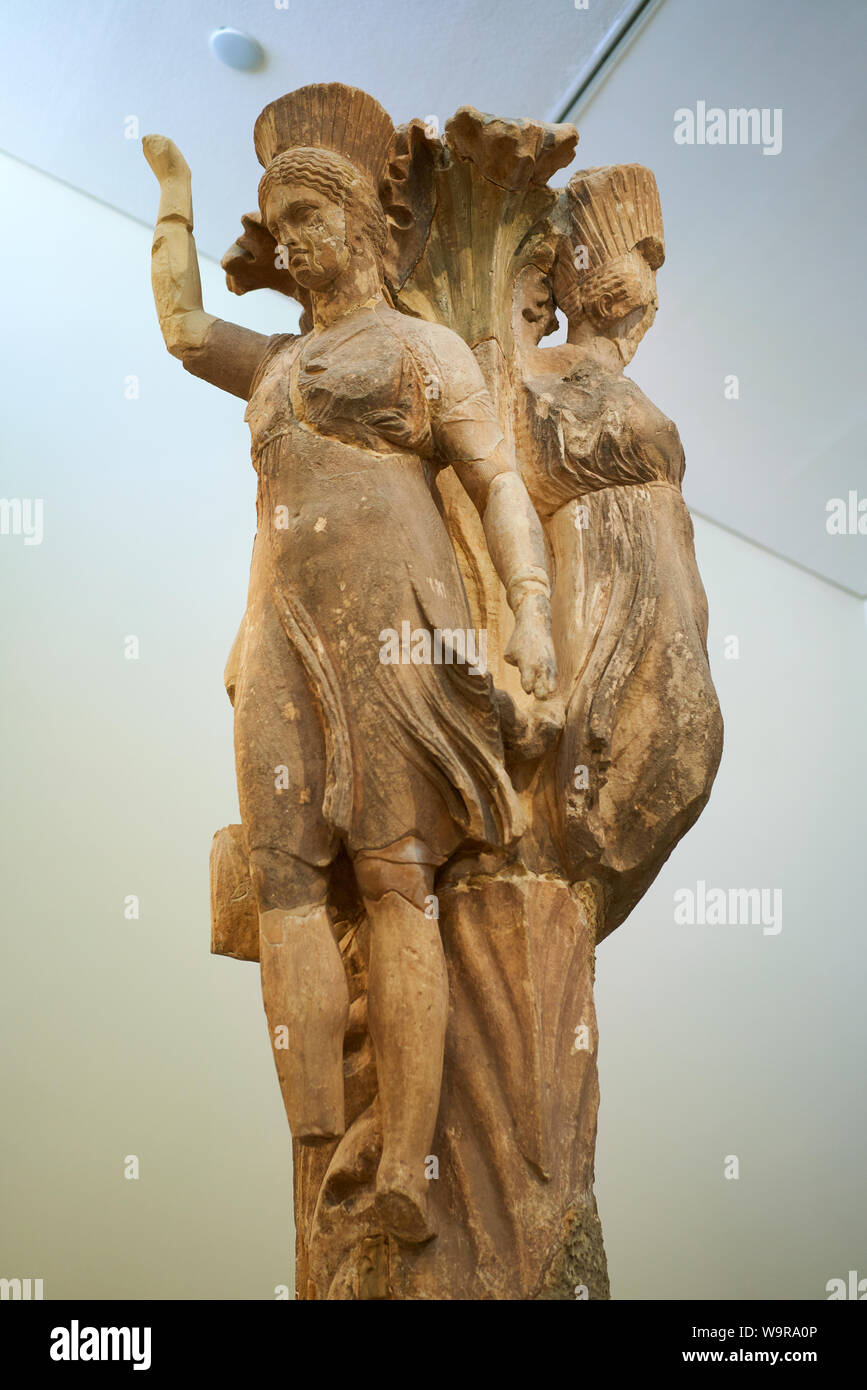 Statues of dancers that stood atop a tall column at Delphi on display ...