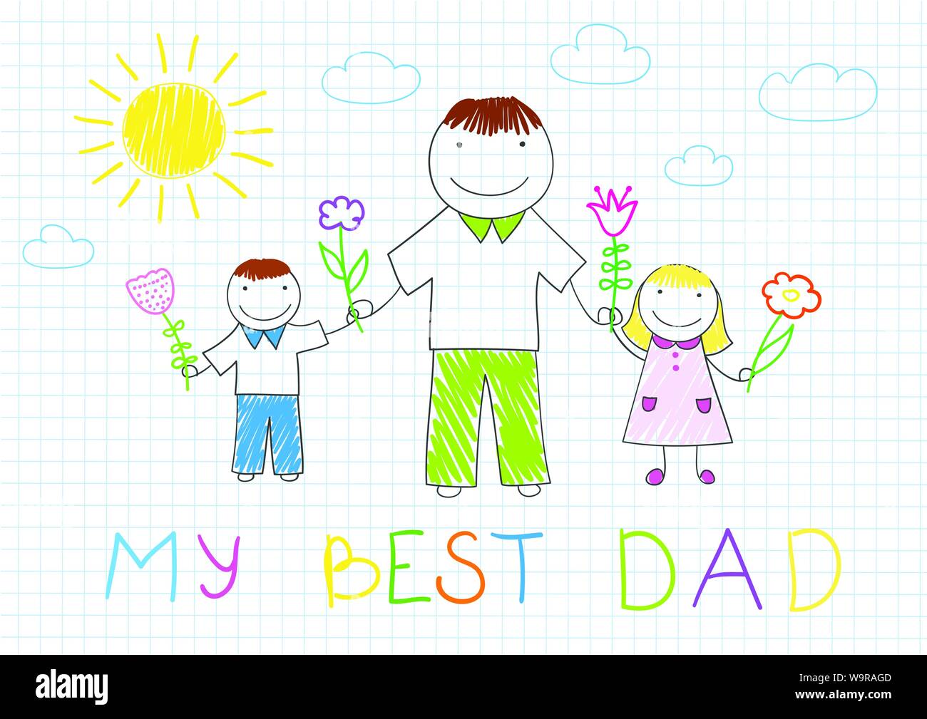 My best dad. Happy family - father, her son and daughter with flowers ...