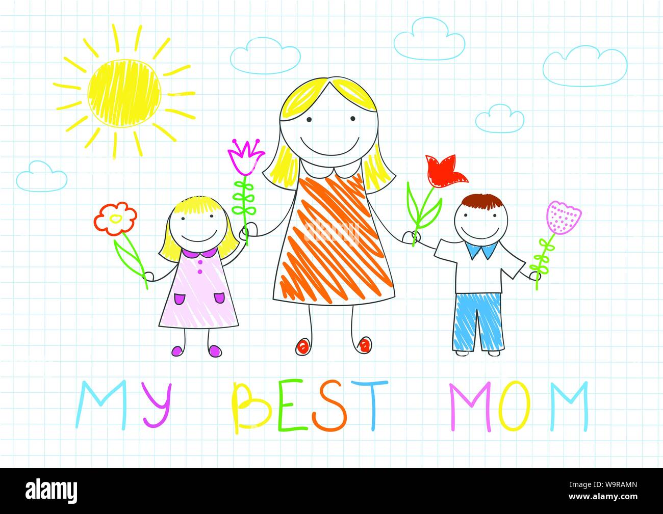 My best mom. Happy family - mother, her son and daughter with flowers ...