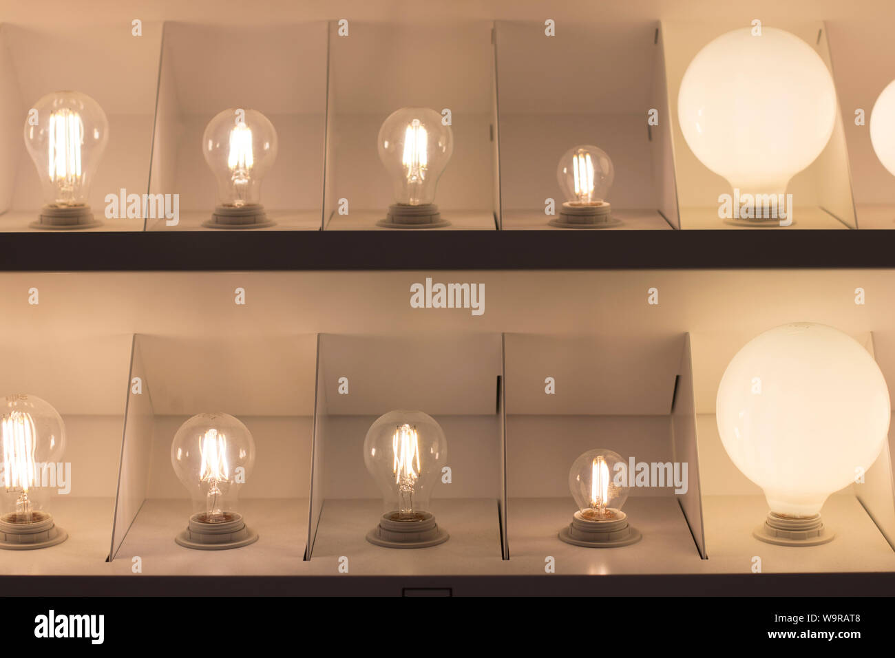 LED modern lights and bulbs on display in store lighting department ...