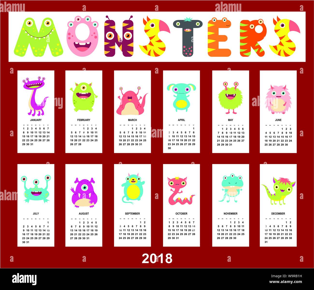Monthly calendar 2018 with cute cartoon monsters of green, blue, lilac ...