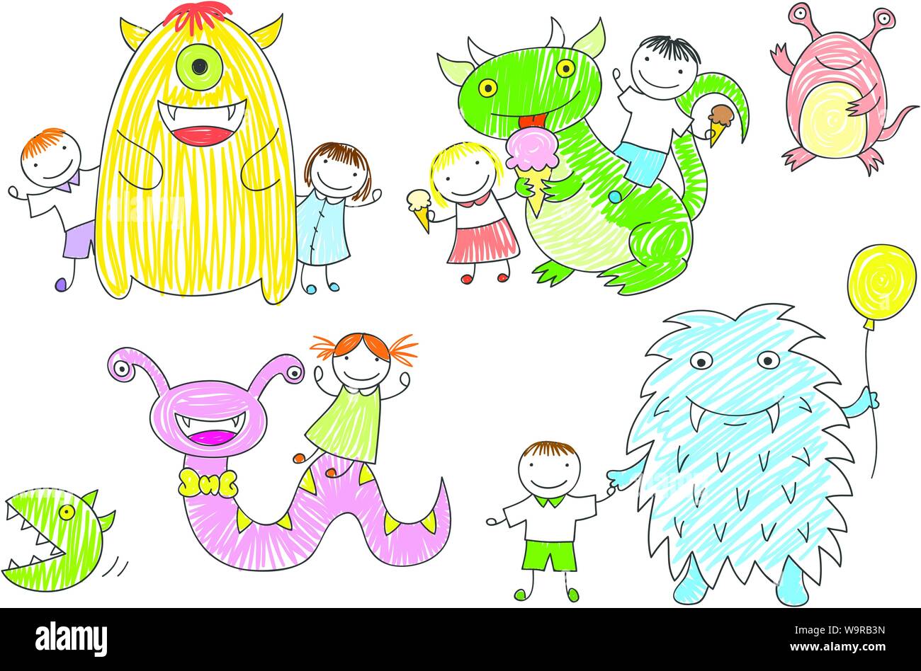 Vector sketches with playing children and cute monsters. Kid drawing in ...