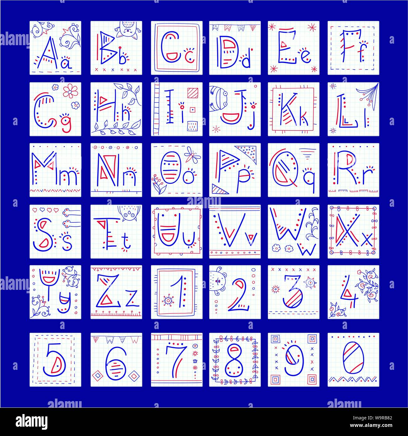 Alphabet with letters and numbers in doodle style. Included decorative ...