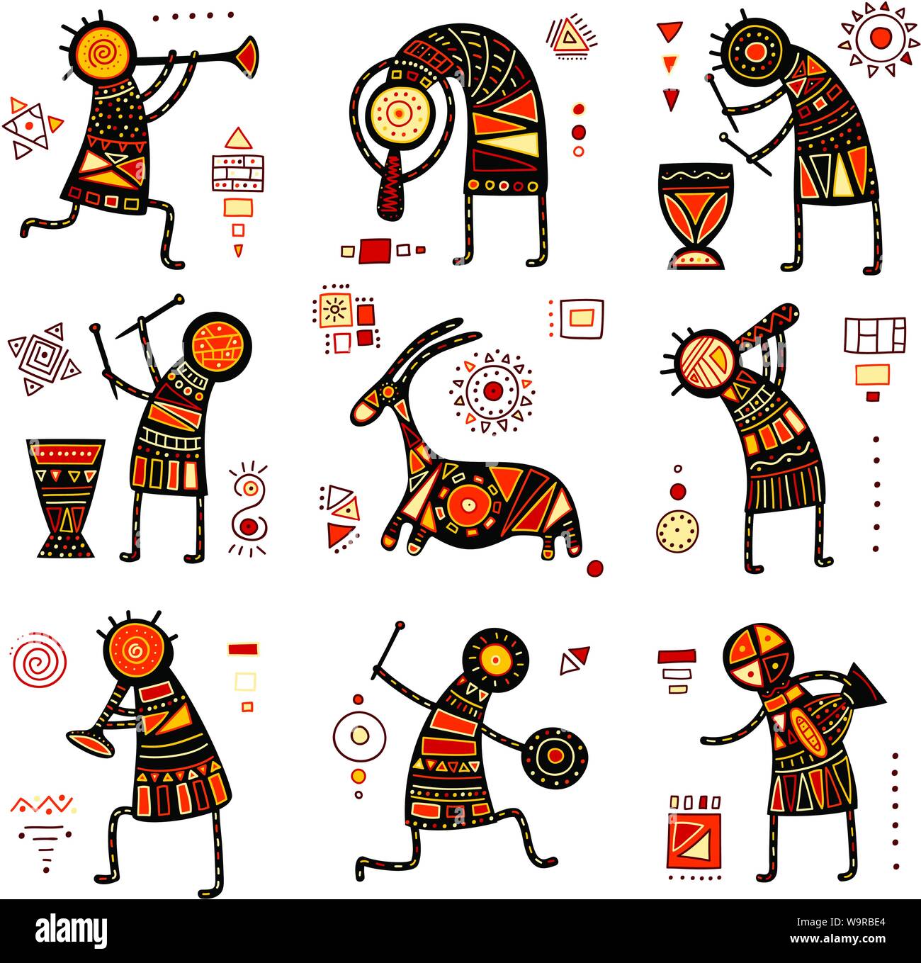 Collection of nine patterns with African ethnic ornaments with animal ...