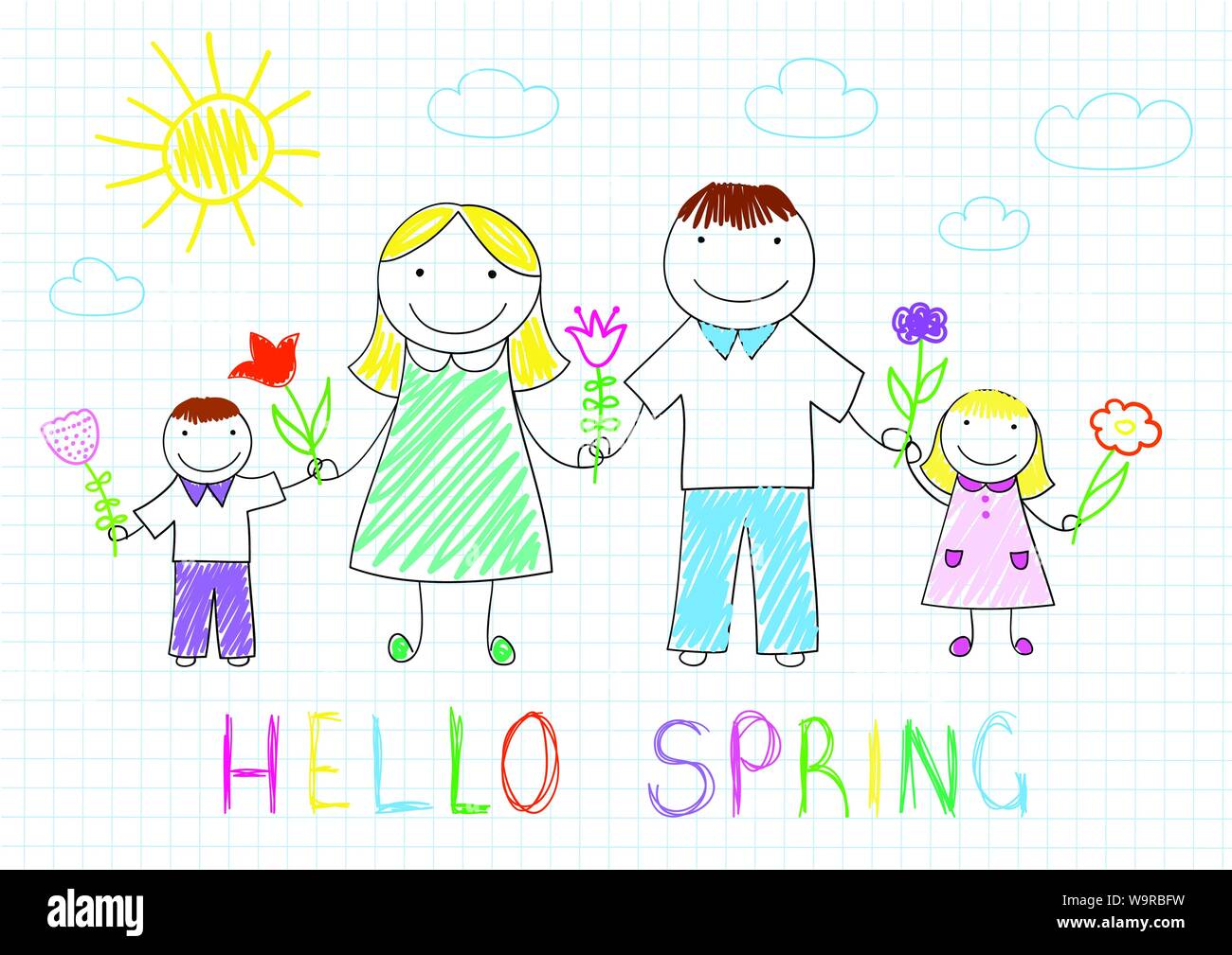 Hello spring. Happy family - mother, father, son, daughter with flowers ...