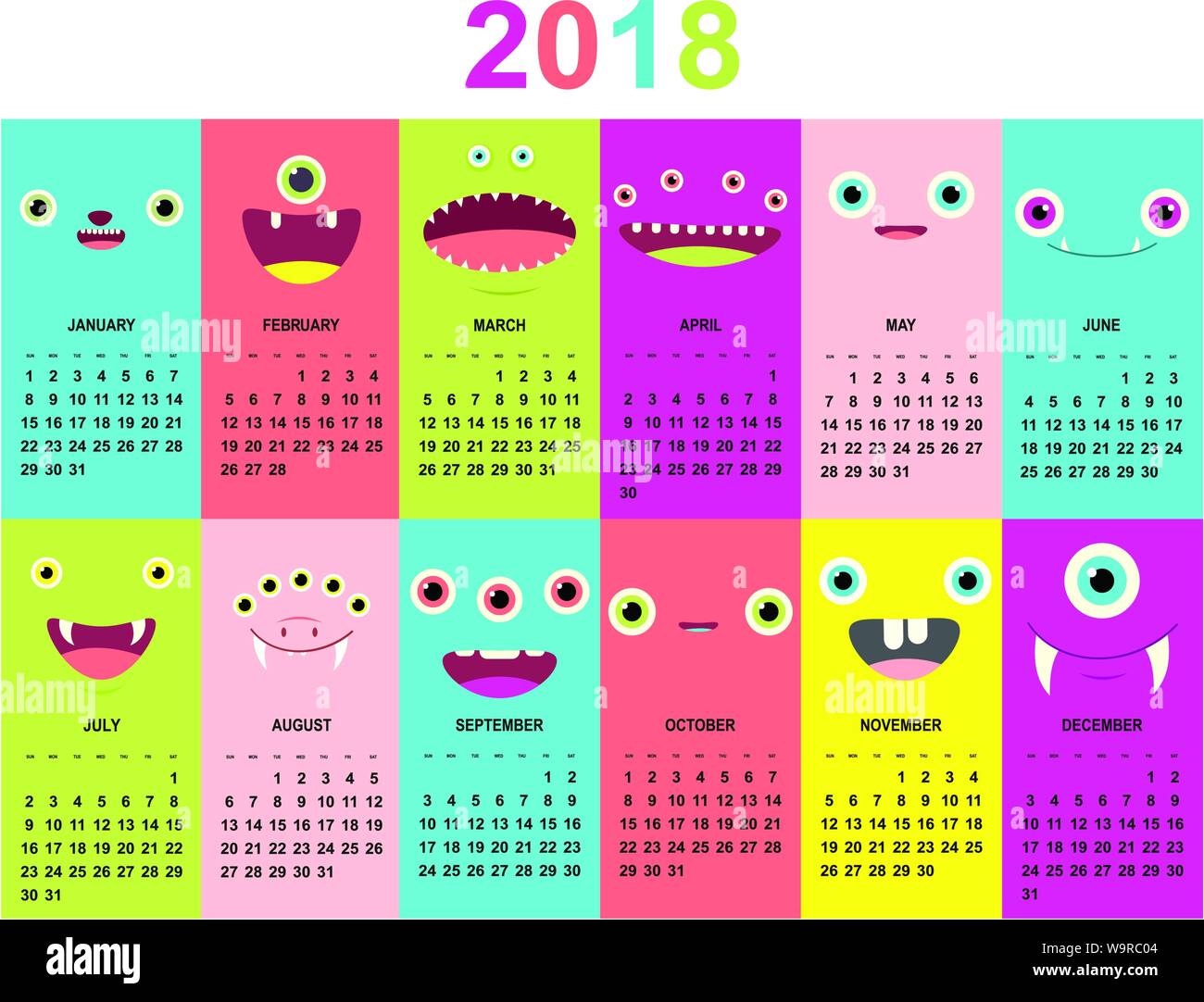 Monthly calendar 2018 with cute monsters faces of green, blue, yellow ...