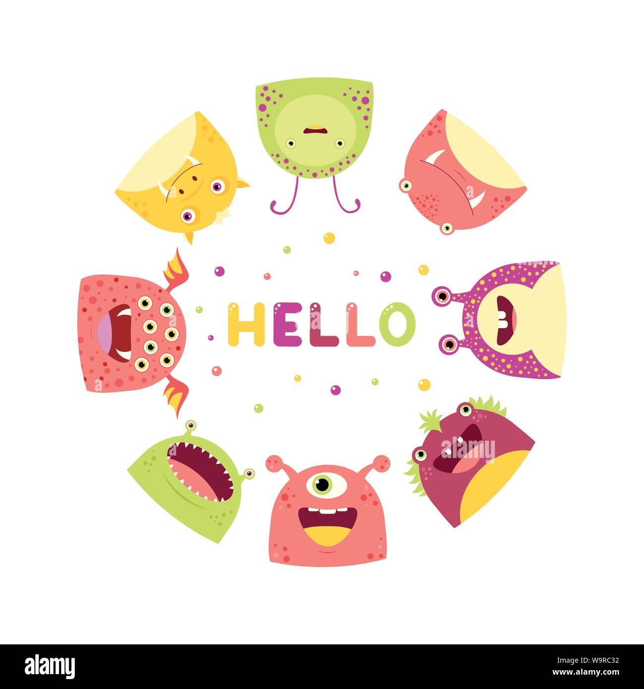 Round frame with cute funny inquisitive cartoon monsters looking out ...