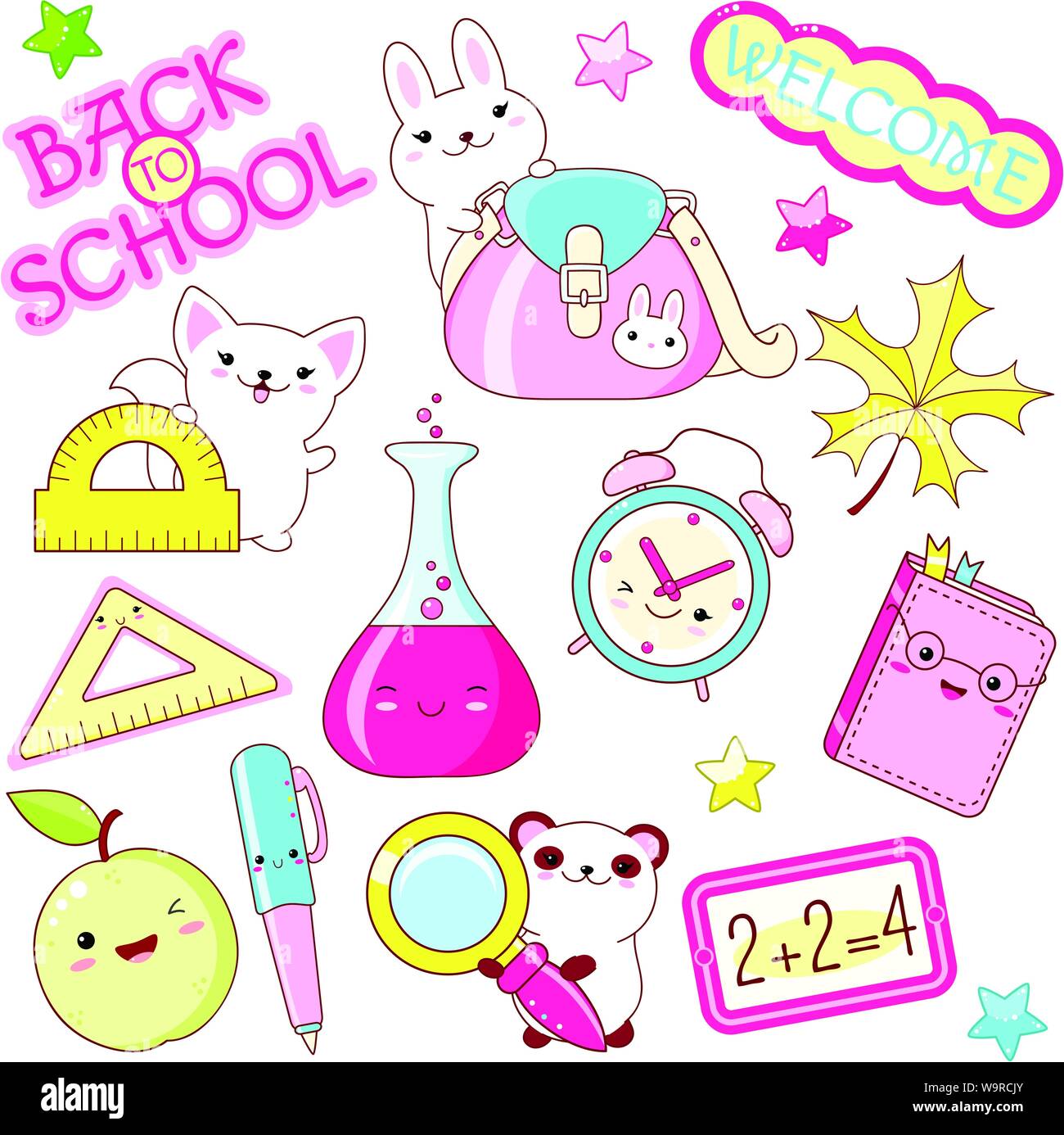 Back to school. Vector set of education icons in kawaii style. Bunny ...
