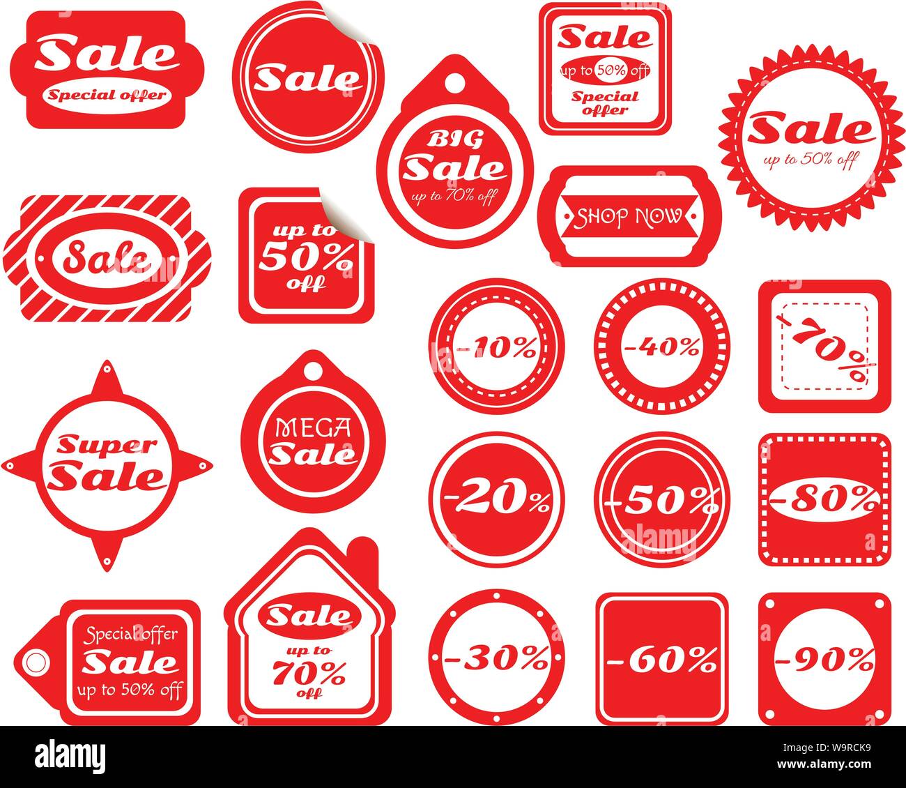 Set of red sale ticket, label and sticker, corner, tag. Inscriptions ...