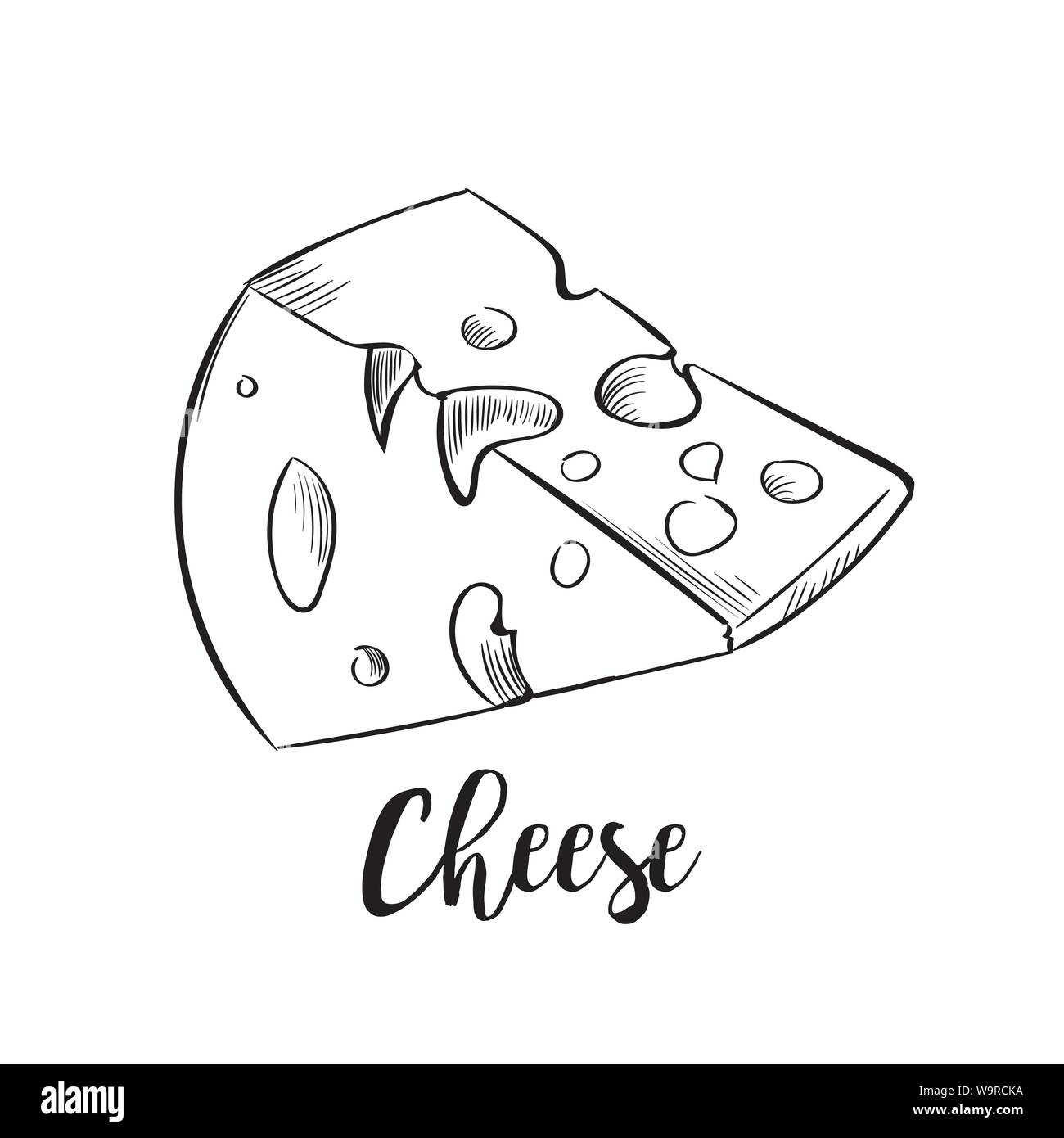 Cheese line art handdrawn. Big pieces of maasdam or swiss type dairy ...