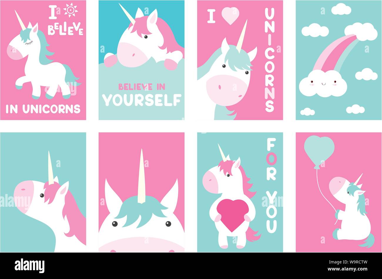 Collection of banner, flyer, placard with cute unicorns. Poster set for ...
