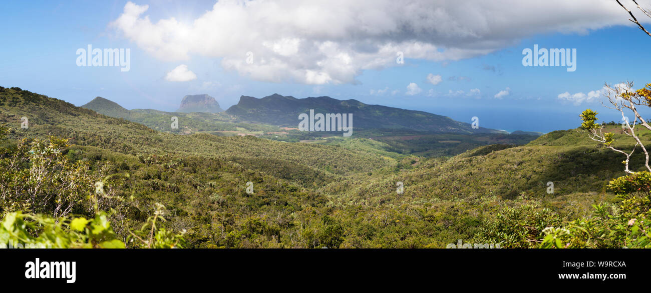 Mauritius. Highland panorama with rainforest and sky in the clouds ...