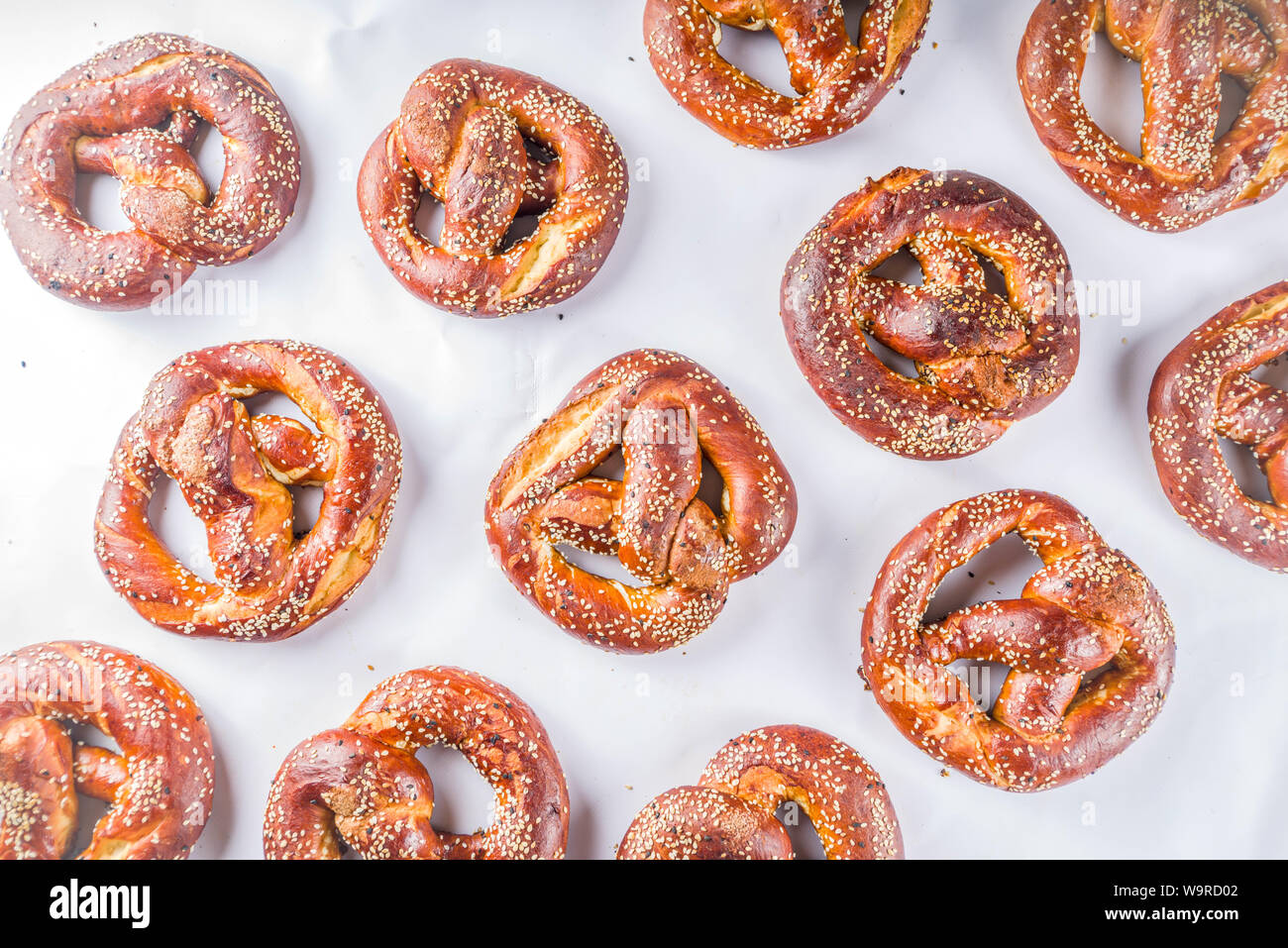 Many pretzels on a white background. Layout simple pattern, top view ...