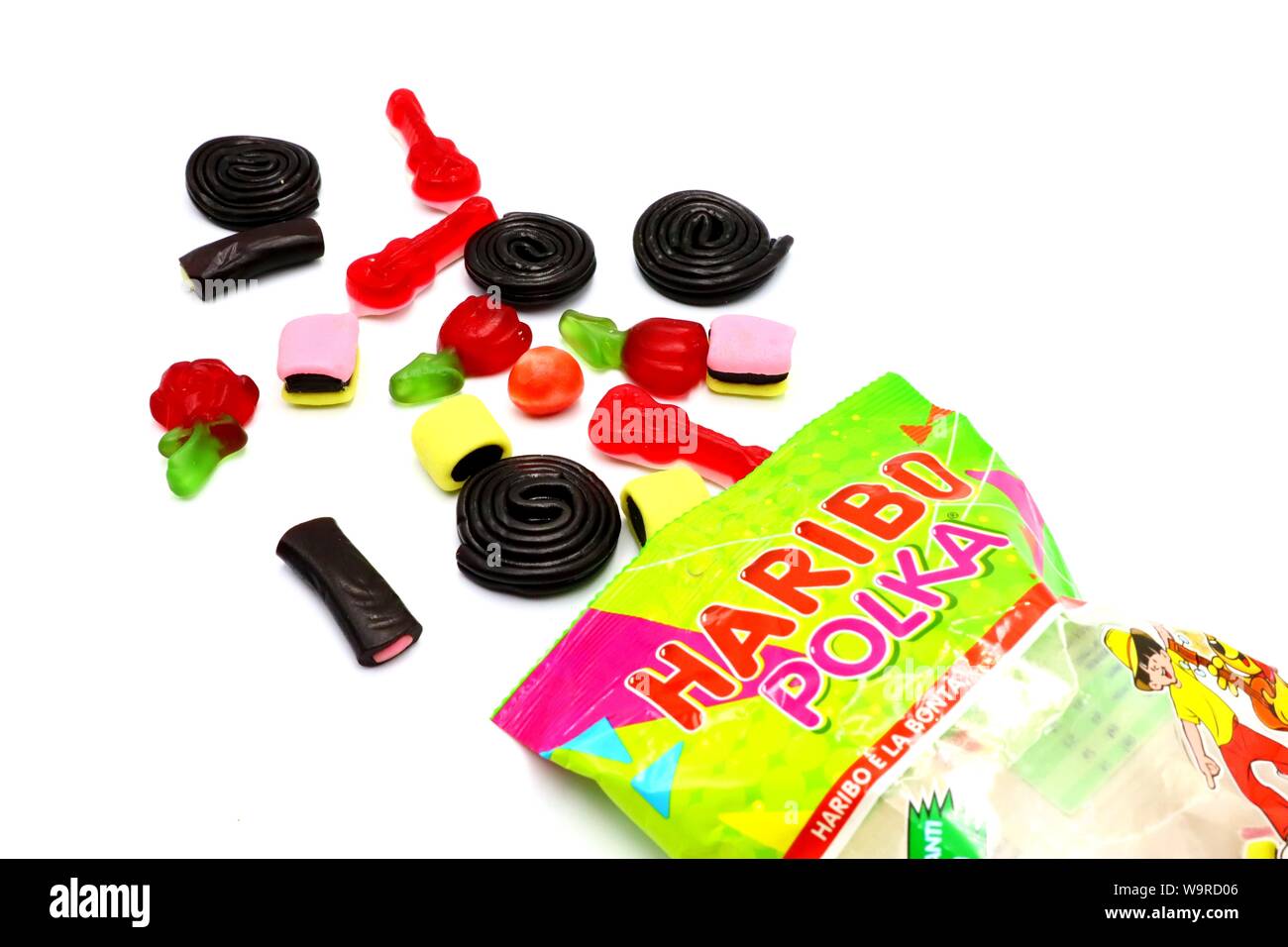 HARIBO Candies package on white background. Haribo is a German ...