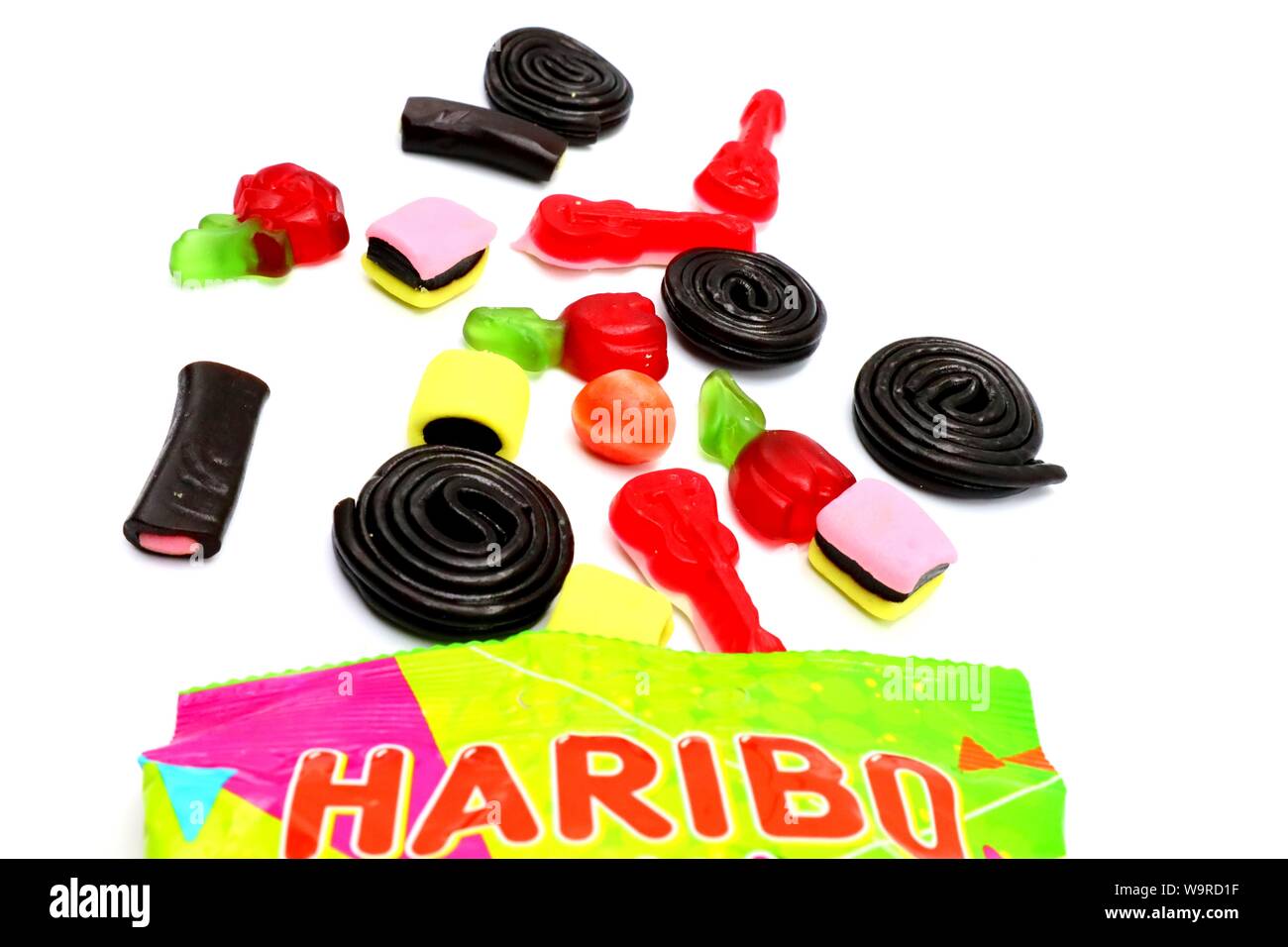 HARIBO Candies package on white background. Haribo is a German ...
