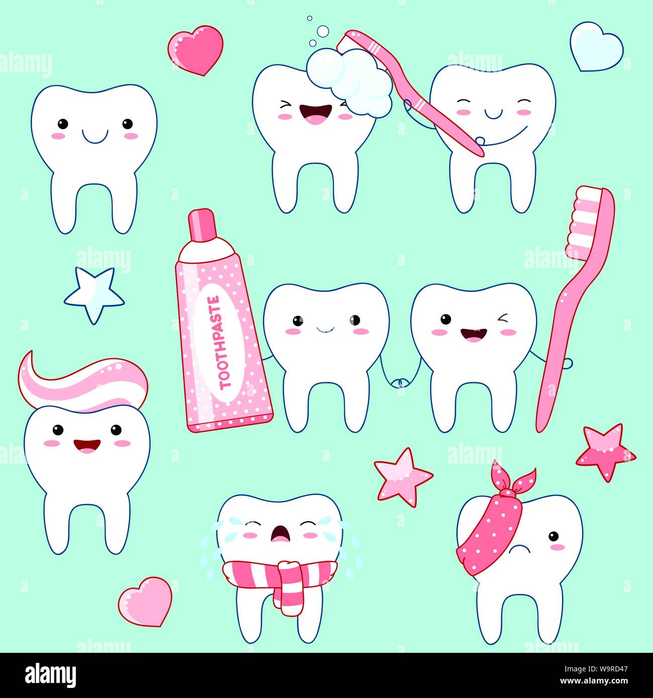 Set of cute funny teeth icons in kawaii style with smiling face and ...