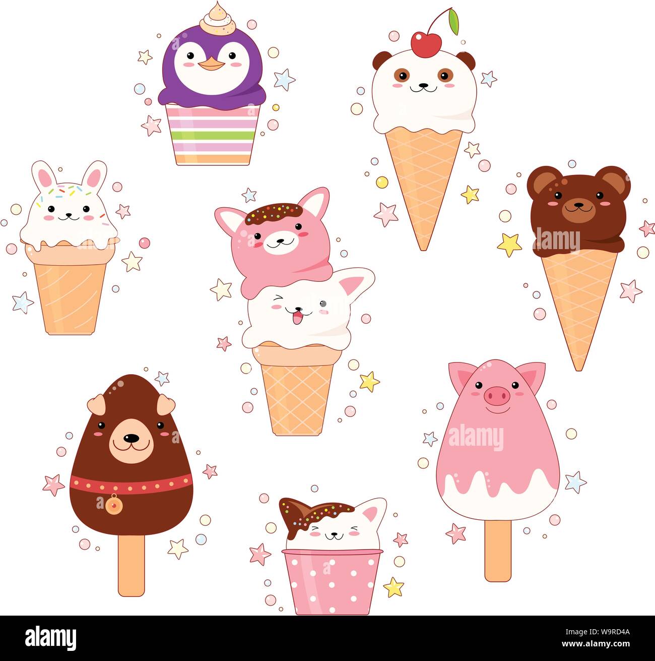 Vector set of animal shaped ice cream - vanilla, chocolate, strawberry ...