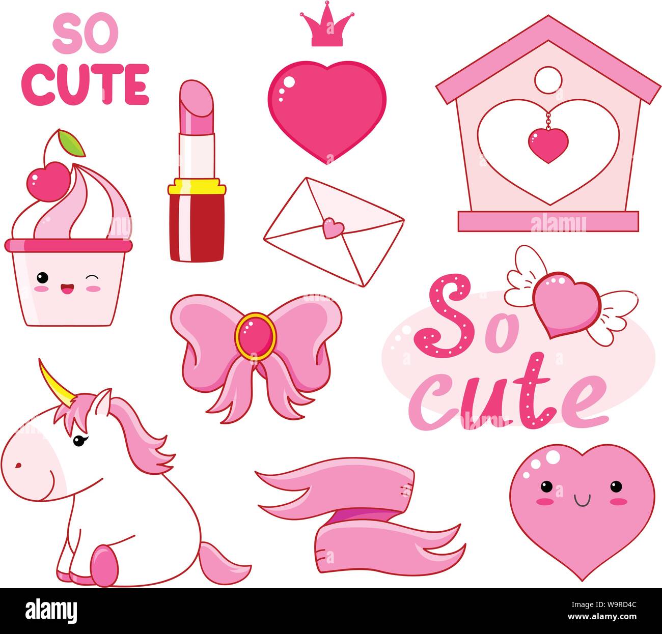 Cute little princess sticker set - unicorn, heart, lipstick, cupcake ...