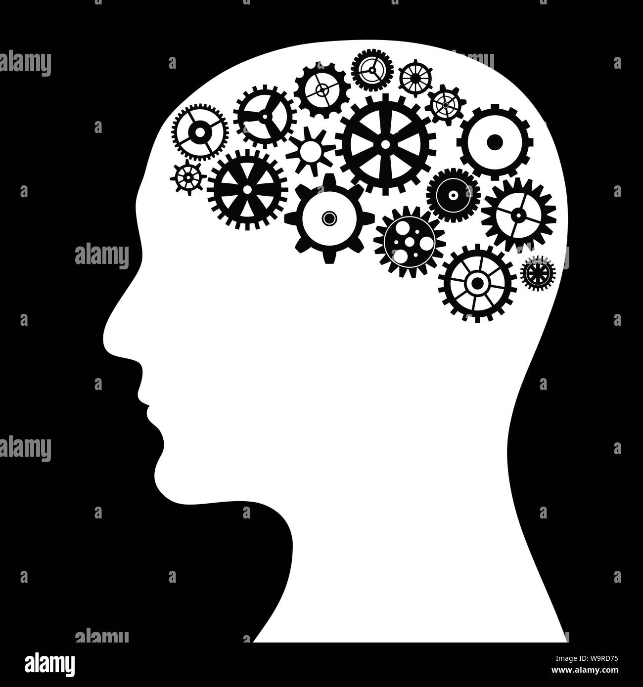 Conceptual image - thought process. Head of a man with gears in the ...