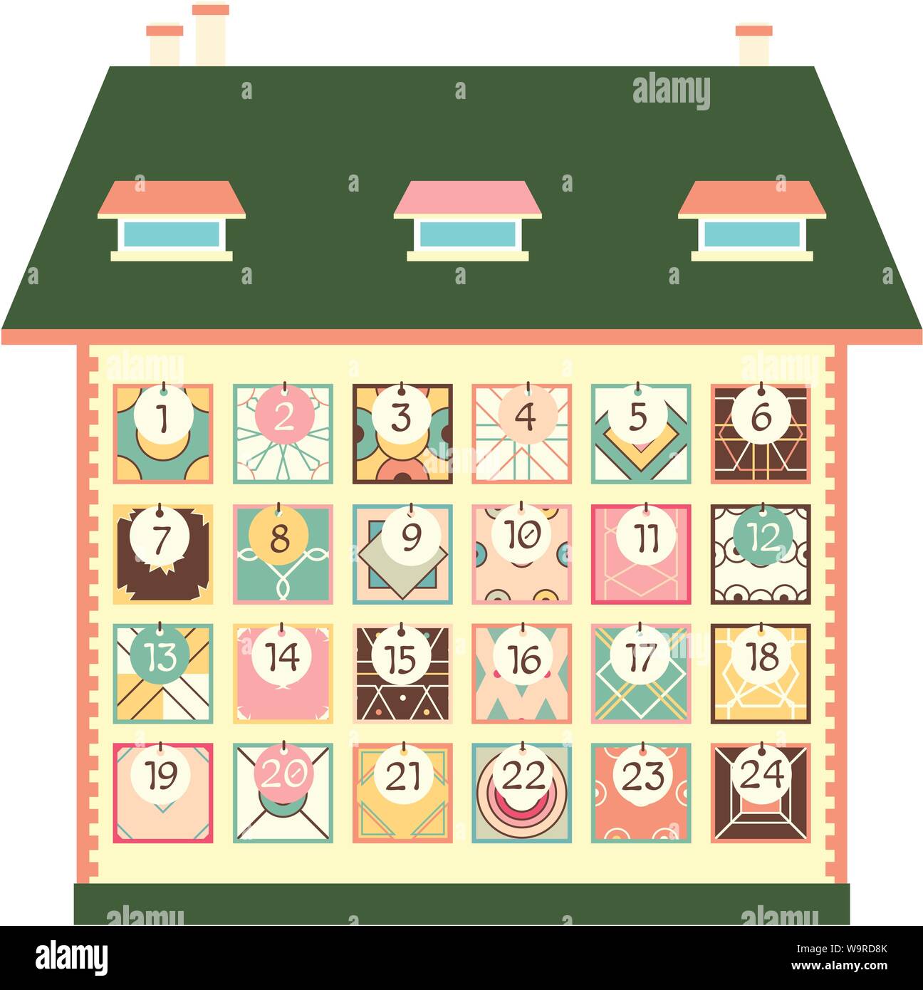 Christmas advent calendar with house and square patchwork icons with ...