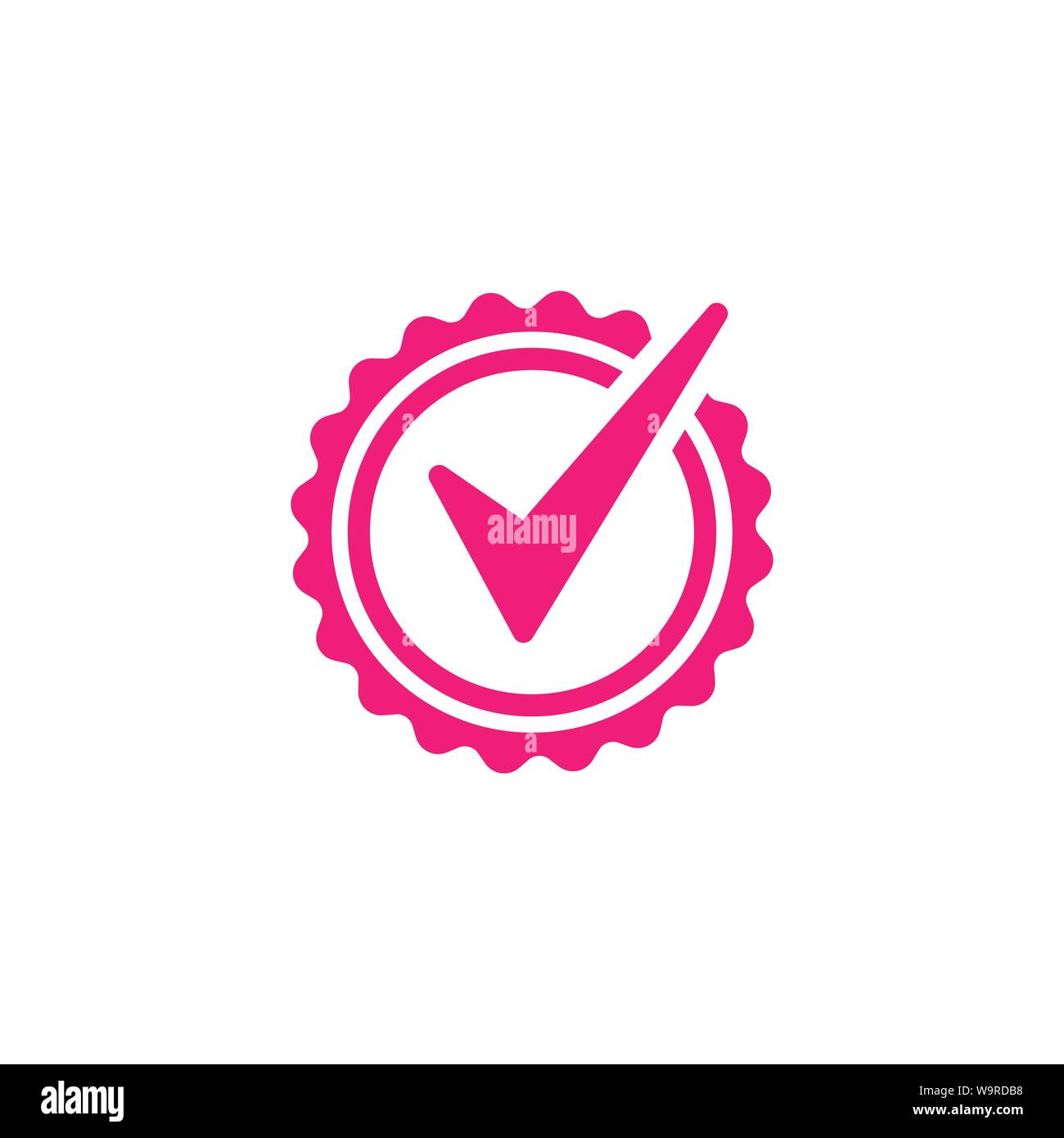 Valid Seal icon. Pink circle with ribbon outline and pink tick. Flat OK ...