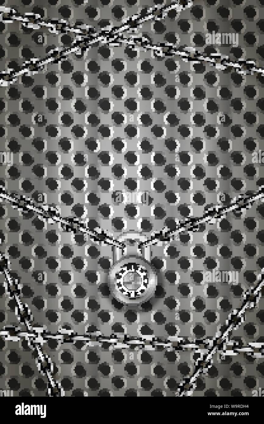 Glossy silver metal chains with round code padlock on metal round grid ...