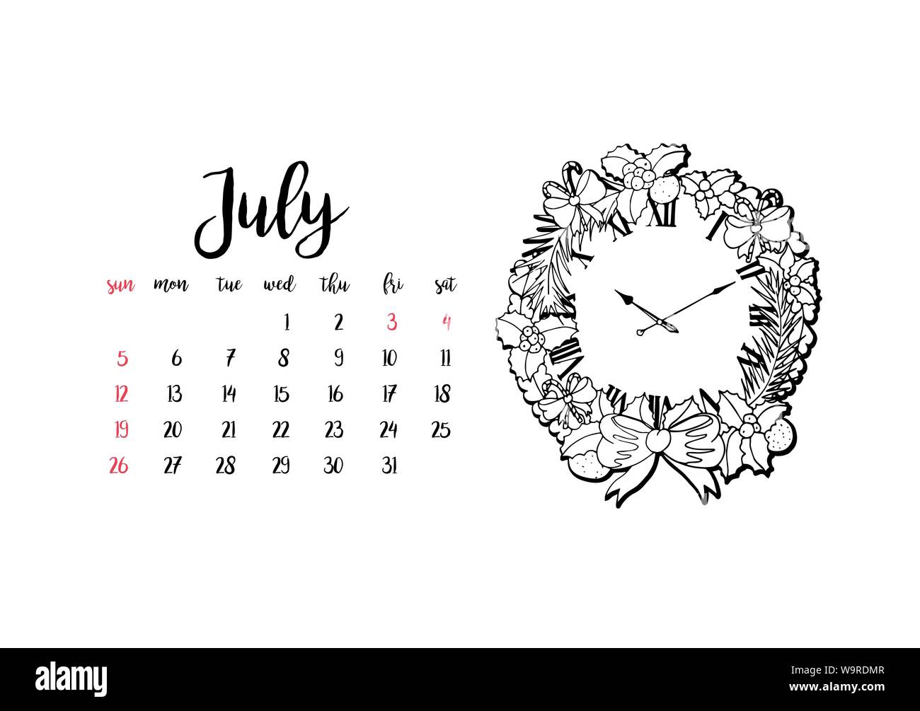 Monthly desk calendar horizontal template 2020 for month July. Week ...