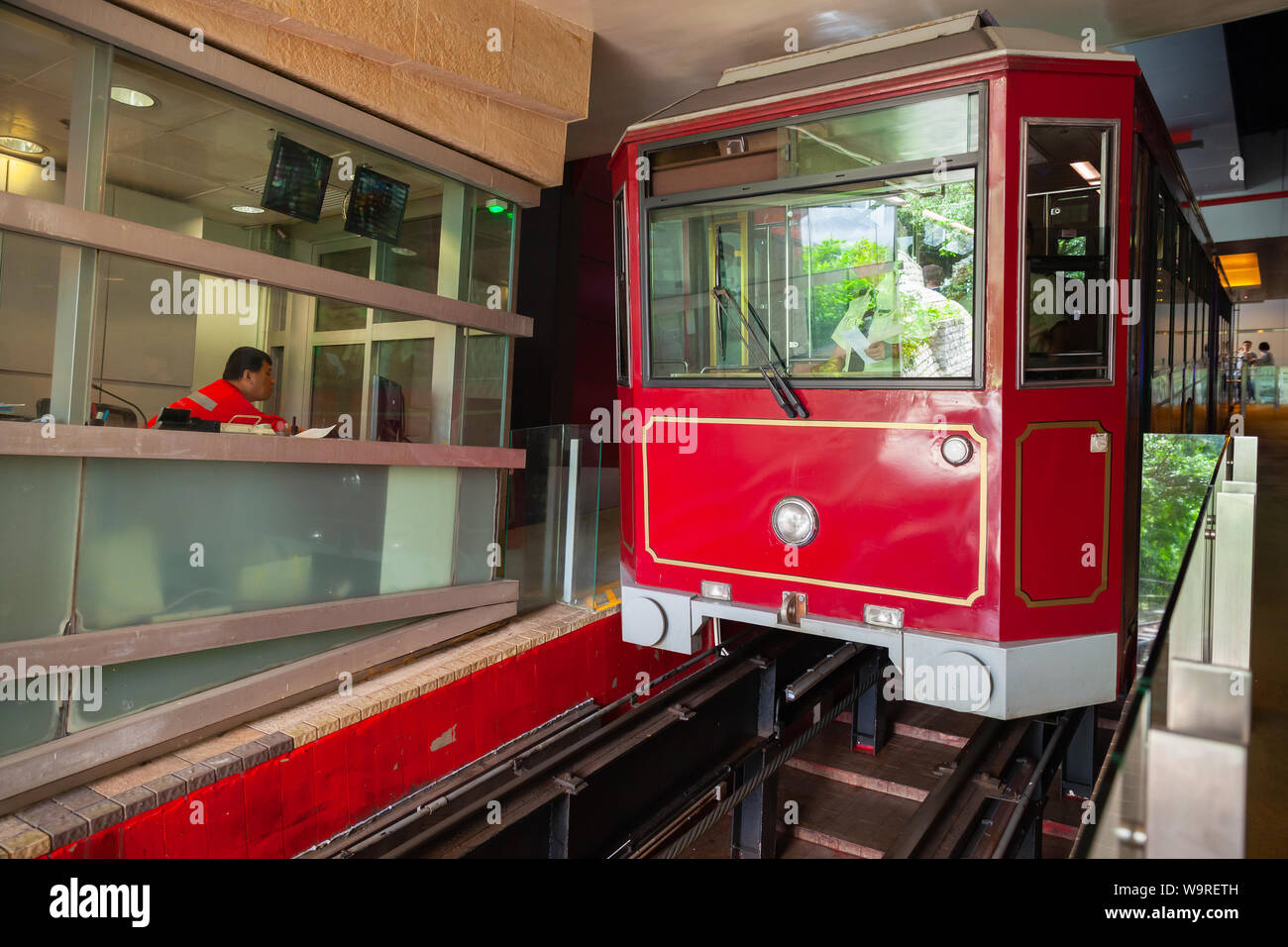Hong Kong - July 15, 2017: Red car of The Peak Tram, it is a funicular ...