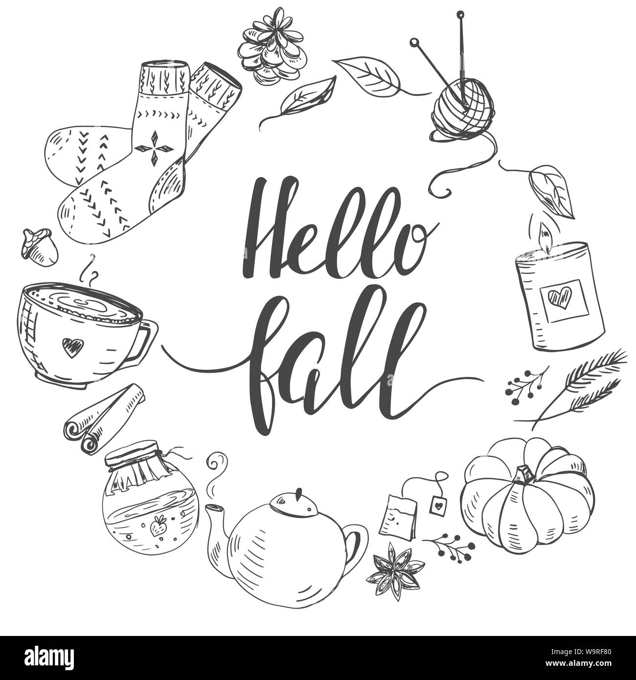 Autumn template with hand drawn cozy elements like candle, tea pot ...